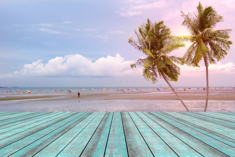 Wooden Table with Beach Landscape Blur Background Stock Image - Image ...