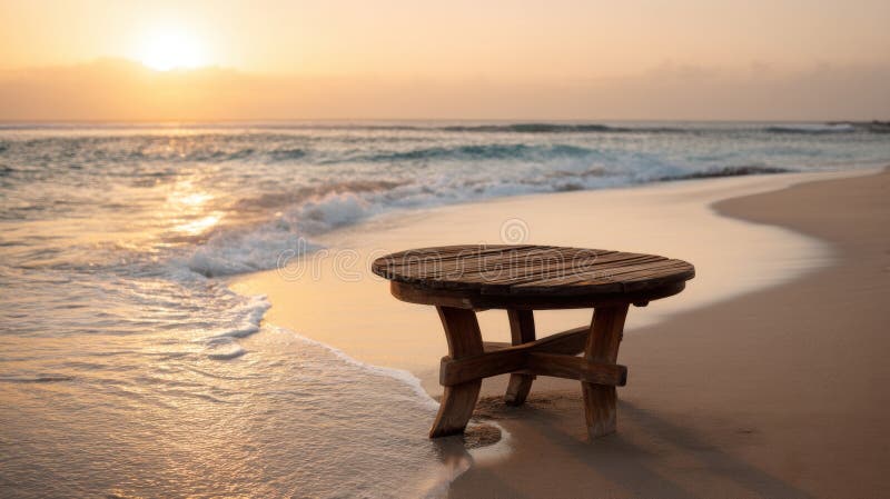 Wooden Table on Beach at Sunset with Waves Gently Lapping in the ...