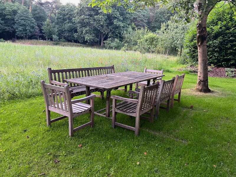 Wooden Table with Bench and Chairs in Garden. Landscape Design Stock ...