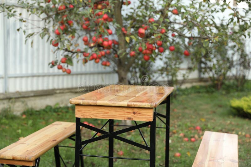Wooden Table with Benches in Apple Garden Stock Image - Image of nature ...