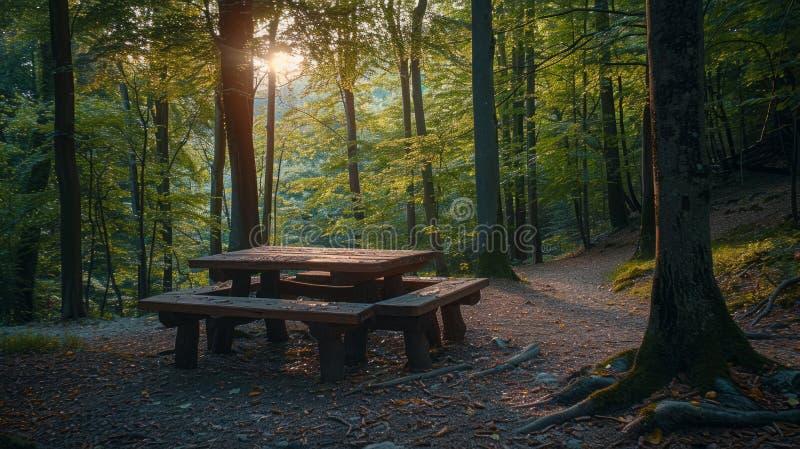 Wooden Table and Benches in Forest with Sunlight at Dusk Stock Photo ...