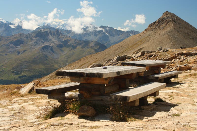 Wooden Table and Benches in Mountains Stock Photo - Image of ...