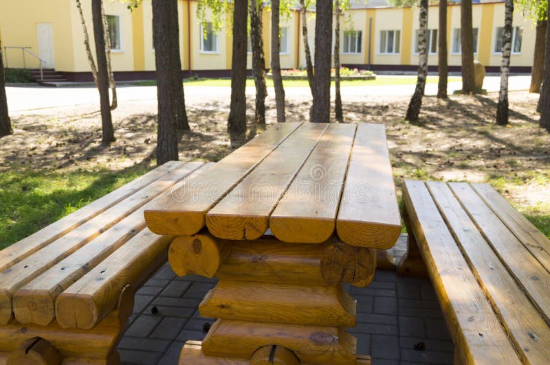 Wooden Table and Benches in the Park Stock Image - Image of wood ...