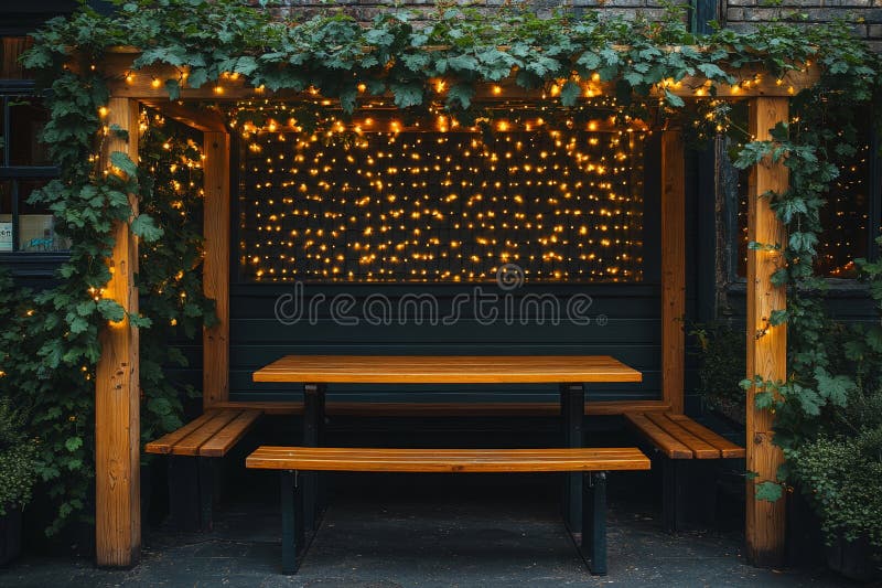 A Wooden Table and Benches Under a Vine-covered Pergola, Illuminated by ...