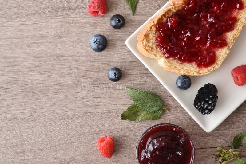 Wooden Table with Berry Jam in Bowl and Bread Stock Image - Image of ...