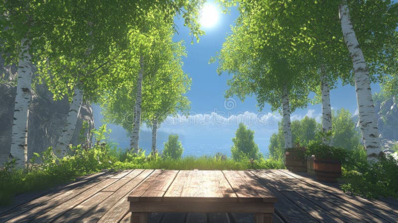 Wooden Table in a Birch Tree Forest, Summer Sunlight Stock Illustration ...
