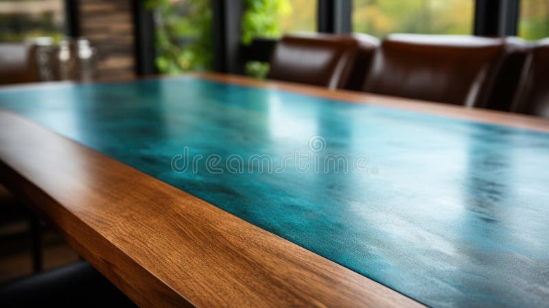 Wooden Table with Blue Glass Top Stock Photo - Image of wooden, table ...