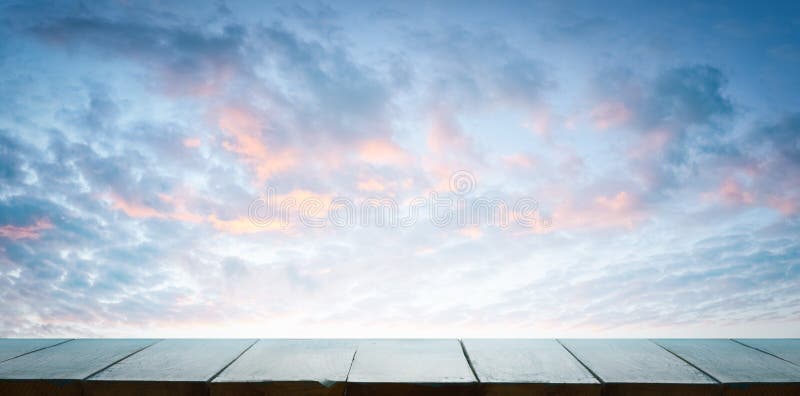 Wooden table, blue sky stock image. Image of board, bright - 265610077