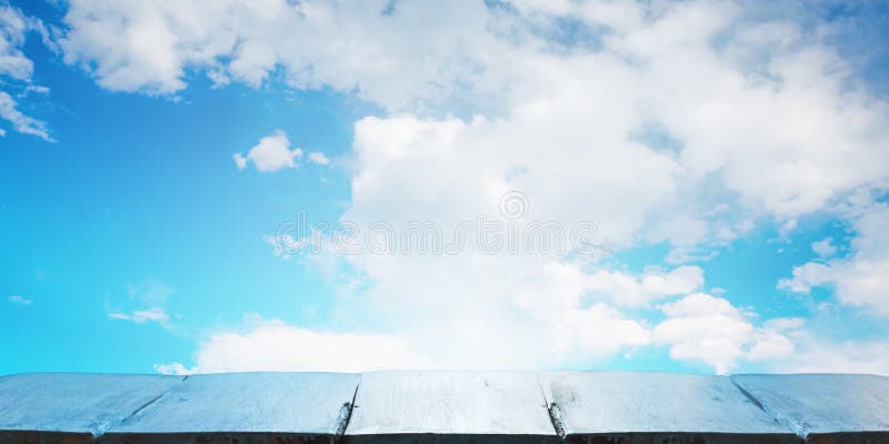 Wooden table, blue sky stock photo. Image of design - 271342098