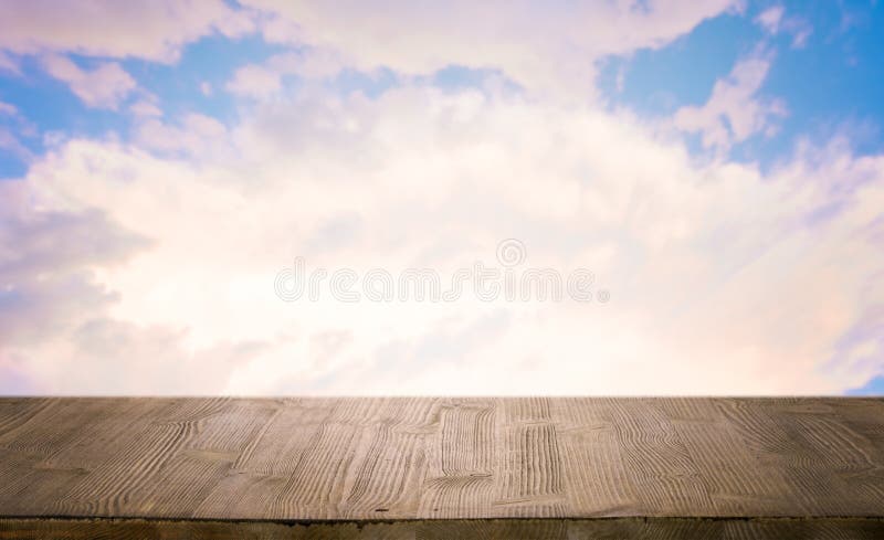 Wooden table, blue sky stock photo. Image of design - 271342098