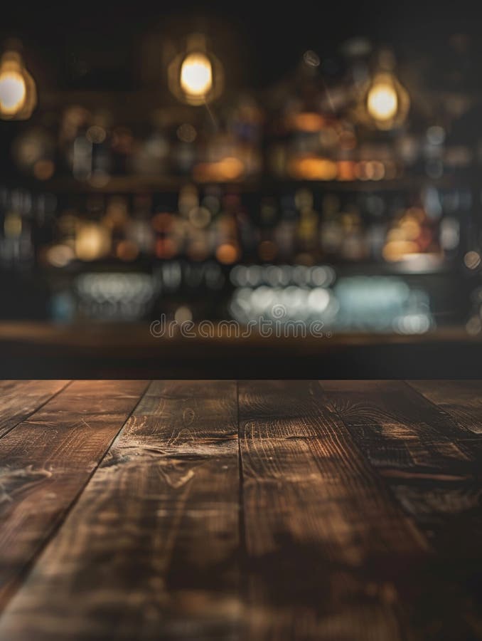 Wooden Table with Blur Bar Background Stock Photo - Image of furniture ...