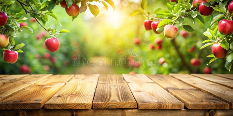 Wooden Table with Blurred Apple Tree Background Stock Illustration ...