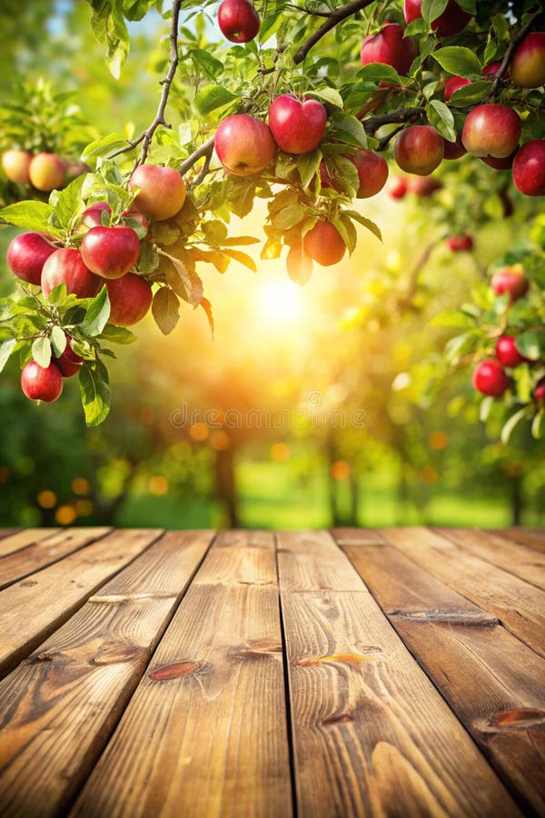 Wooden Table with Blurred Apple Tree Background Stock Illustration ...