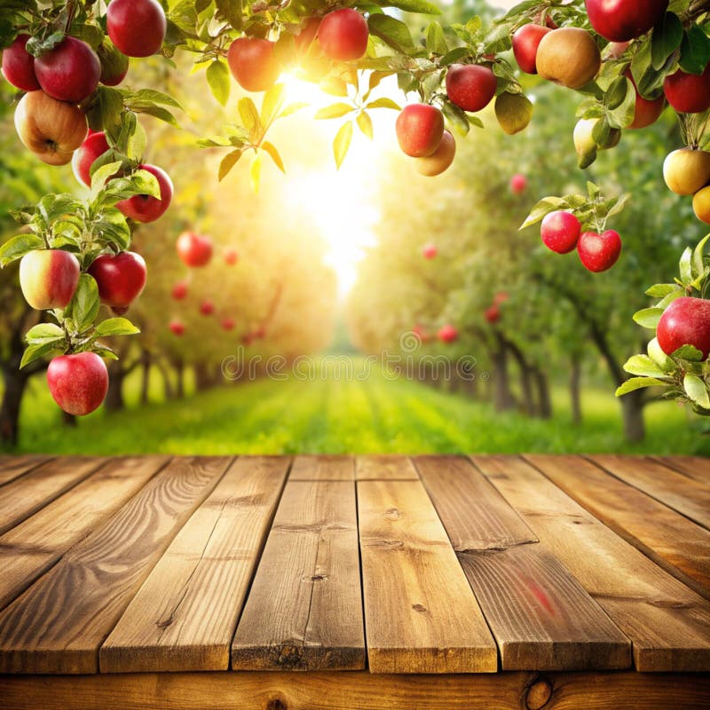 Wooden Table with Blurred Apple Tree Background Stock Illustration ...