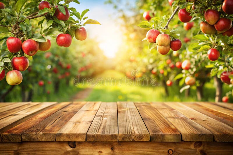 Wooden Table with Blurred Apple Tree Background Stock Illustration ...