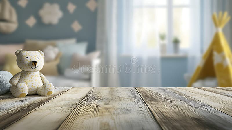 Wooden Table with Blurred Backdrop of a Peaceful Baby Nursery Stock ...