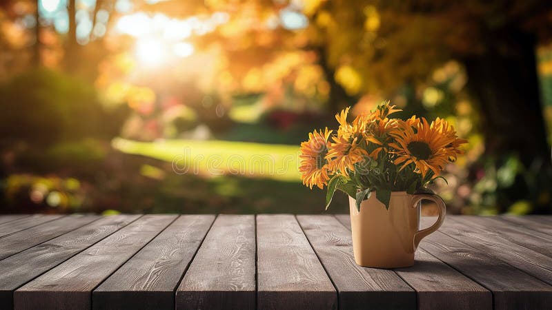 Wooden Table with Blurred Beautiful Autumn Ambience Background. Stock ...