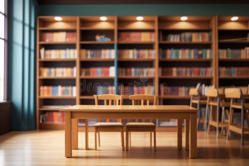 Wooden Table and Blurred Bookshelf in Library Room - Back To School ...