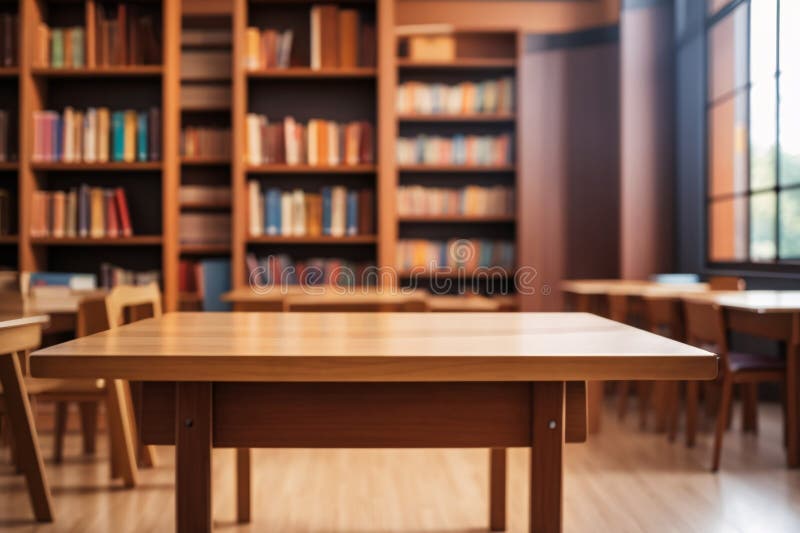 Wooden Table and Blurred Bookshelf in Library Room - Back To School ...