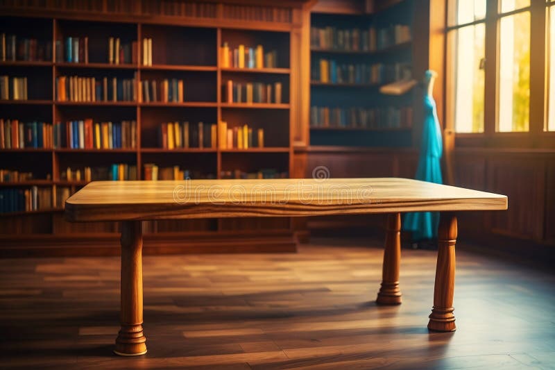 Wooden Table and Blurred Bookshelf in Library Room - Back To School ...