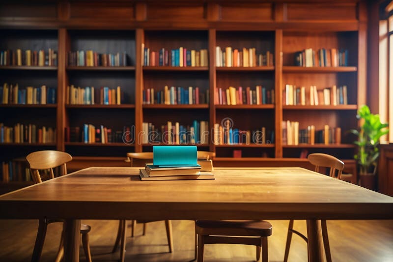 Wooden Table and Blurred Bookshelf in Library Room - Back To School ...