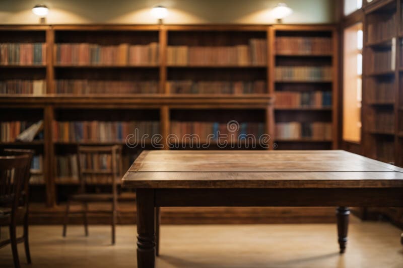 Wooden Table and Blurred Bookshelf in Library Room - Back To School ...