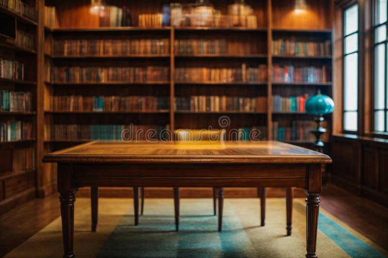 Wooden Table and Blurred Bookshelf in Library Room - Back To School ...