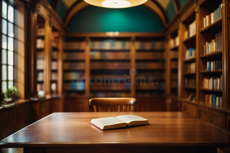 Wooden Table and Blurred Bookshelf in Library Room - Back To School ...