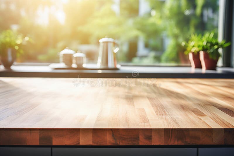 Wooden Table on Blurred Kitchen Background Stock Illustration ...