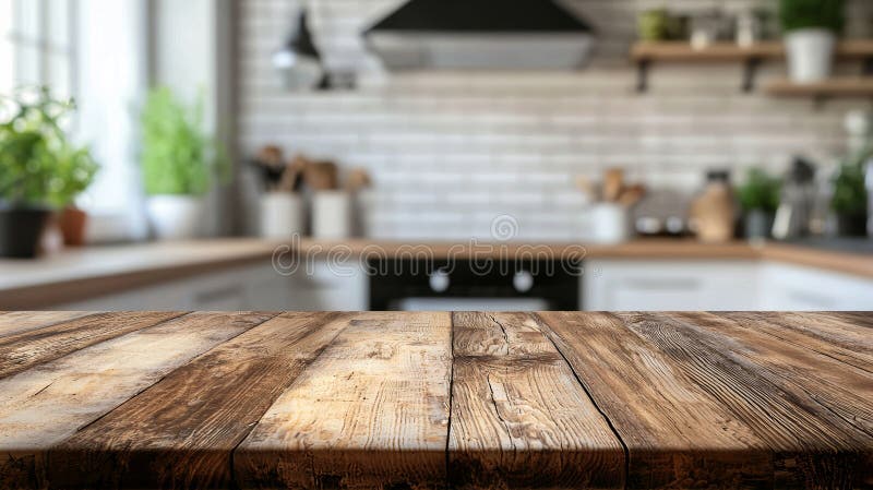 Wooden Table on Blurred Kitchen Bench Background -ai. Stock ...