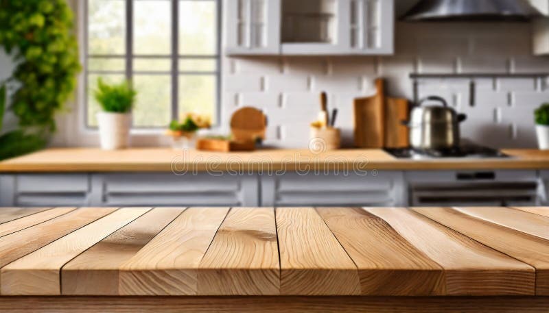 Wooden Table on Blurred Kitchen Bench Background. Empty Wooden Table ...