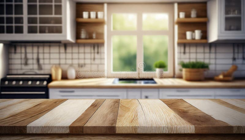 Wooden Table on Blurred Kitchen Bench Background. Empty Wooden Table ...