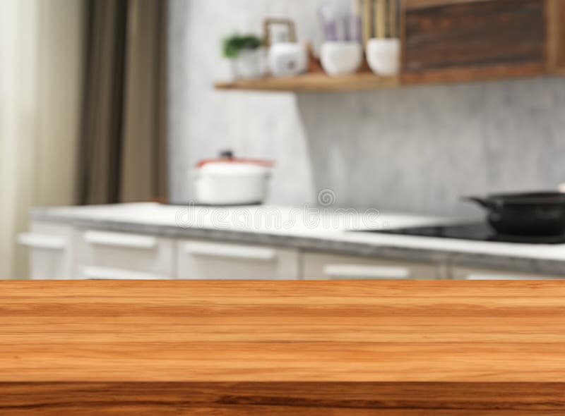 Wooden Table on Blurred Kitchen Bench Background Stage Brown Stock ...