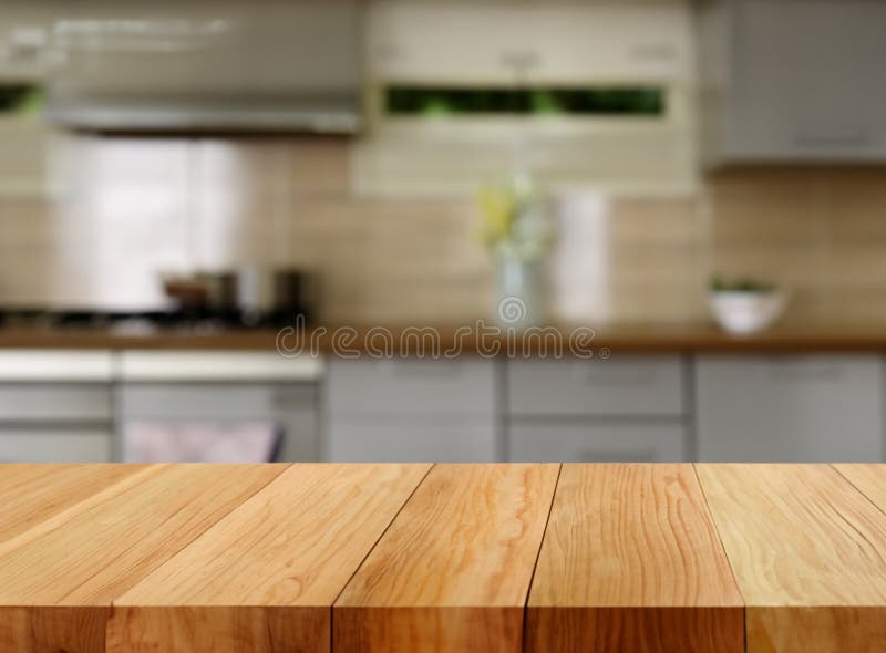 Wooden Table on Blurred Kitchen Bench Background Stage Brown Stock ...