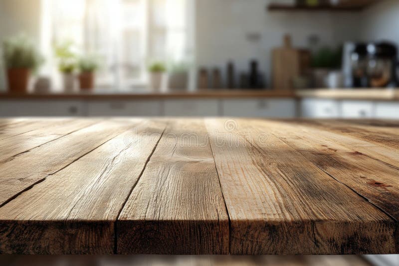 Wooden Table with a Blurred Kitchen Counter, Perfect for Promoting ...