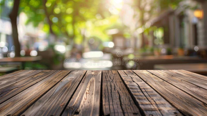 Wooden Table with Blurred Park Background and Sunlight Stock ...