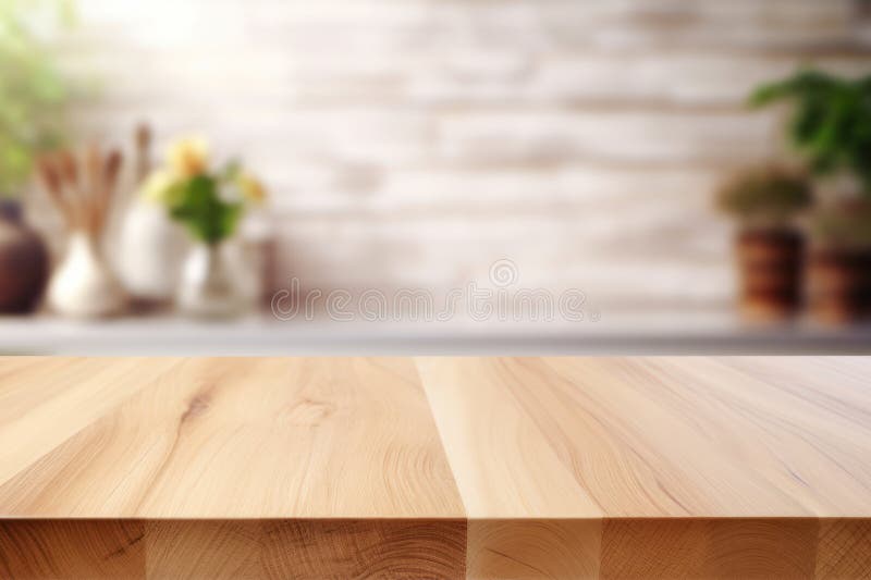 Wooden Table on Blurred White Kitchen Background Stock Illustration ...