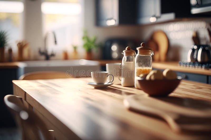 Wooden Table with Blurry Kitchen Backdrop. Stock Illustration ...