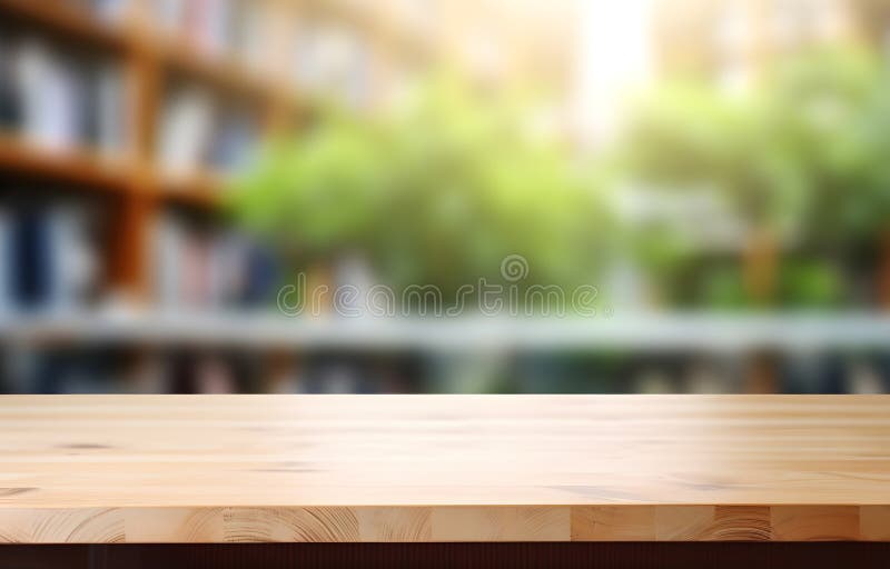 Wooden Table with Book on Blurred Background of Library with Bookshelf ...