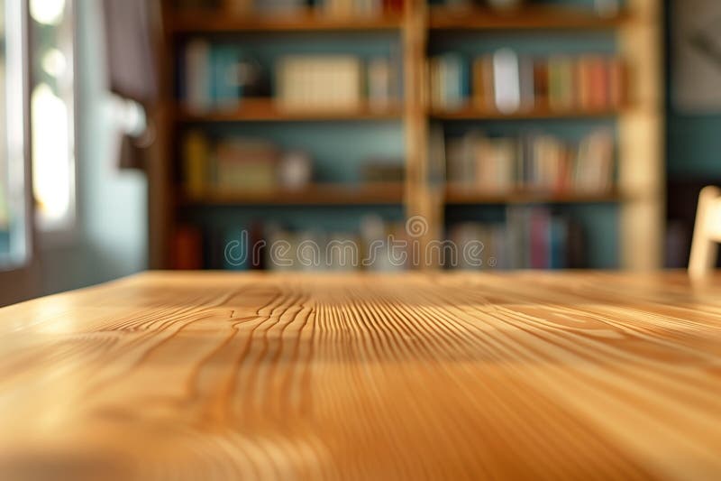 Wooden Table with Bookshelf in Background. the Focus is on the Texture ...