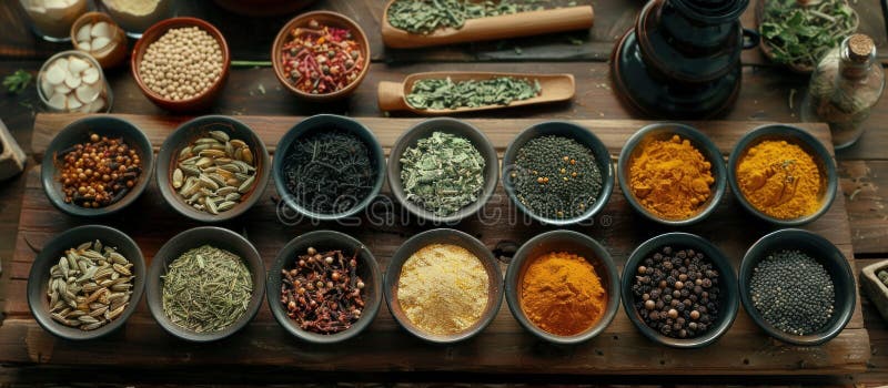 Wooden Table with Bowls of Various Spices Stock Photo - Image of ...