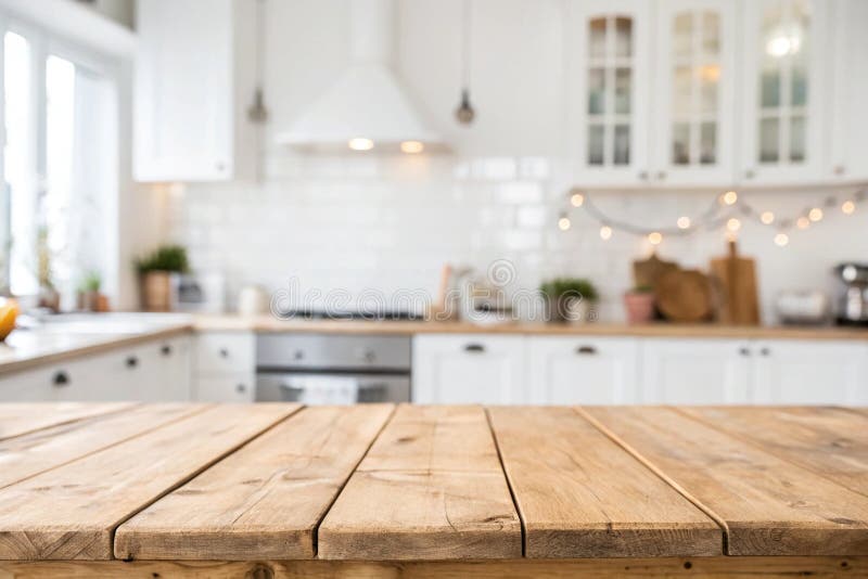 Wooden Table with Bright White Kitchen Background Stock Illustration ...