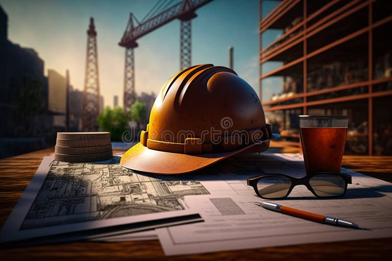 Wooden Table with Building Plans, Yellow Cask, Glasses and Coffee Cup ...