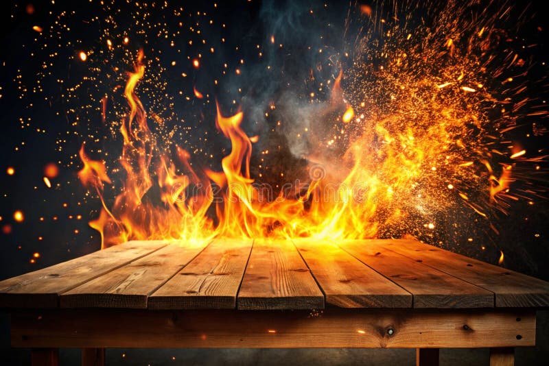 Wooden Table with Burning Fire and Sparks for Creative Display Stock ...