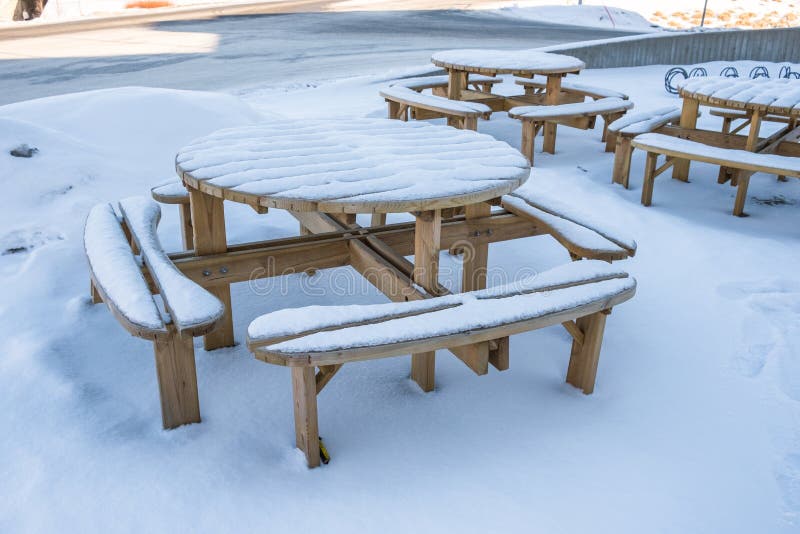 Wooden Table and Chair Set with Snow Stock Image - Image of blizzard ...