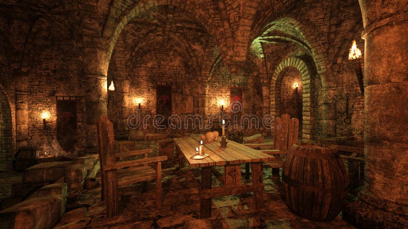 Wooden Table and Chairs in an Ancient Medieval Dungeon Lit by Candle ...