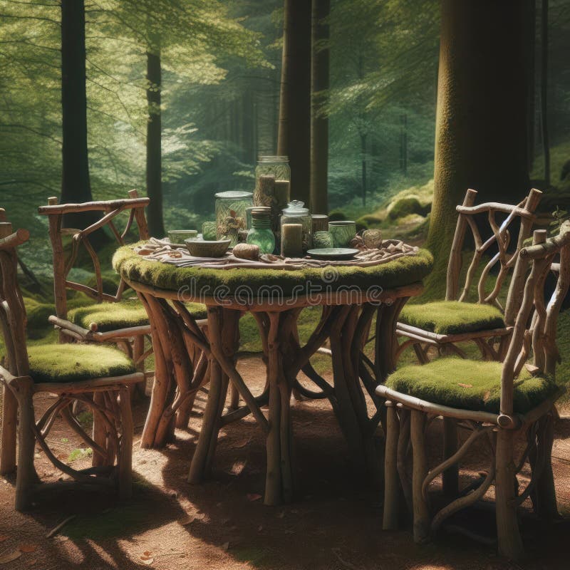 Wooden Table and Chairs Covered with Moss on the Background of the ...