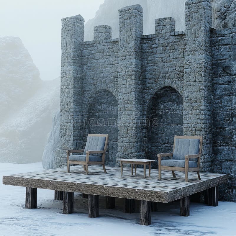 Wooden Table and Chairs in Front of Stone Wall. 3D Rendering Stock ...