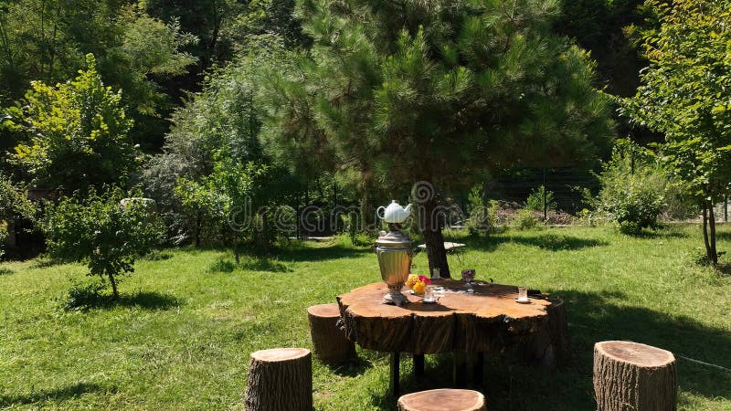 Wooden Table and Chairs in the Garden with a Teapot Stock Image - Image ...