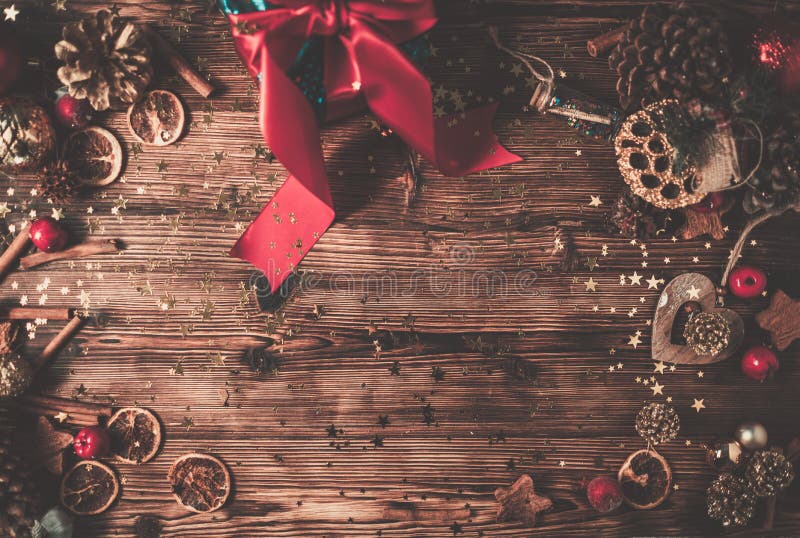 Wooden Table with Christmas Decoration Stock Image - Image of rustic ...